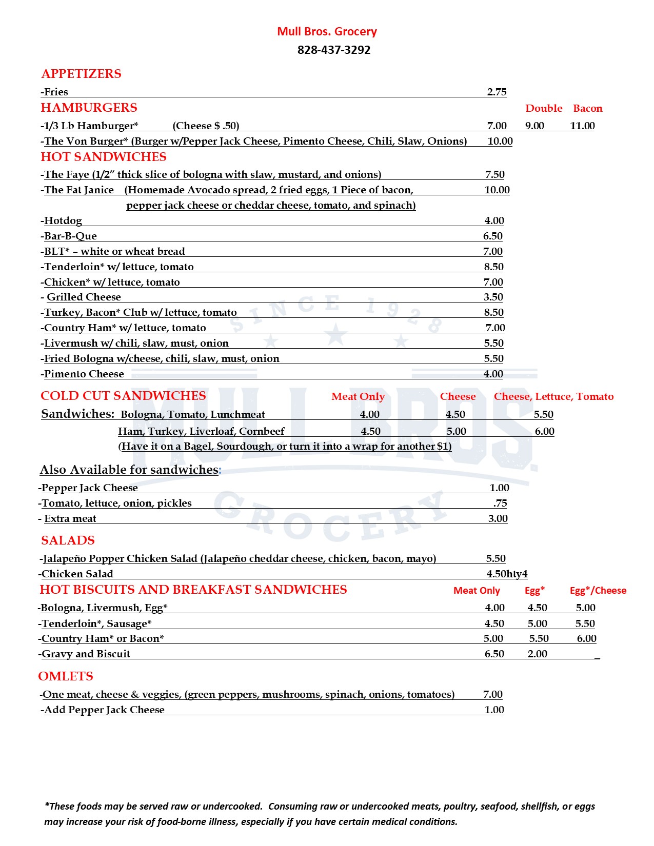 Menu – Mull Bros Grocery